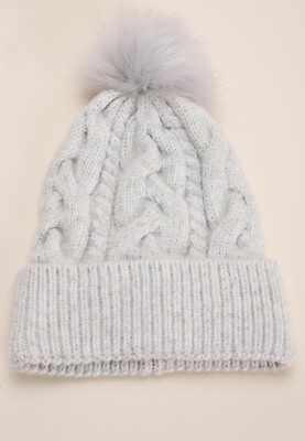 Womens Cream Cable Bobble Beanie Hat Peacocks