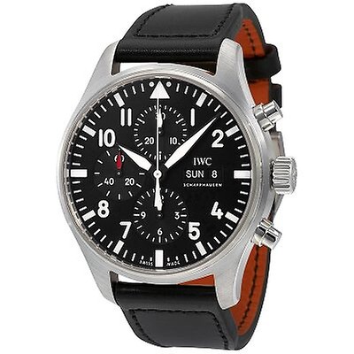 IWC Portuguese Chronograph Silver Dial Black Leather Men's Watch 3714 ...