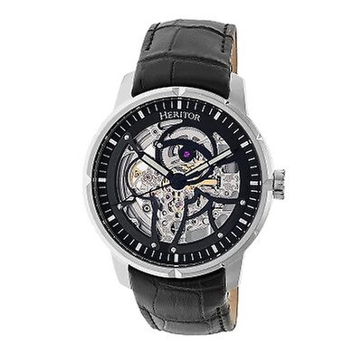 Heritor Arthur Automatic Black Dial Black Leather Men's Watch HR7902 ...