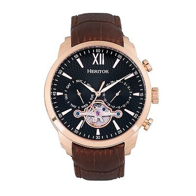 Heritor Arthur Automatic Black Dial Black Leather Men's Watch HR7905 ...