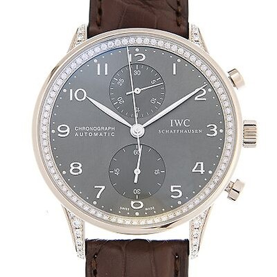 IWC Portuguese Chronograph Silver Dial Black Leather Men's Watch 3714 ...