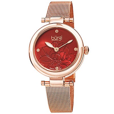 Burgi Flower Marker Quartz Diamond Red Dial Ladies Watch BUR223YGR ...