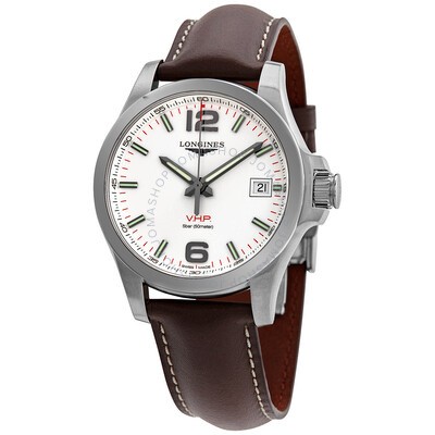 Longines Conquest Silver Dial Brown Leather Men's 43mm Watch L37604765 ...
