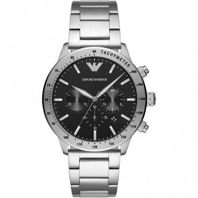 Emporio Armani Chronograph Silver Dial Black Leather Men's Watch AR6054 ...